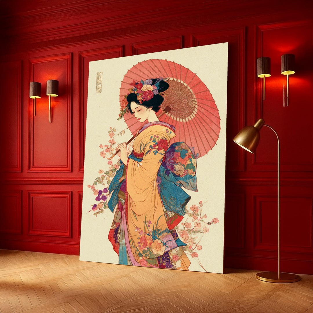 Elegant Geisha With Floral Kimono and Red Parasol Canvas, Traditional ...