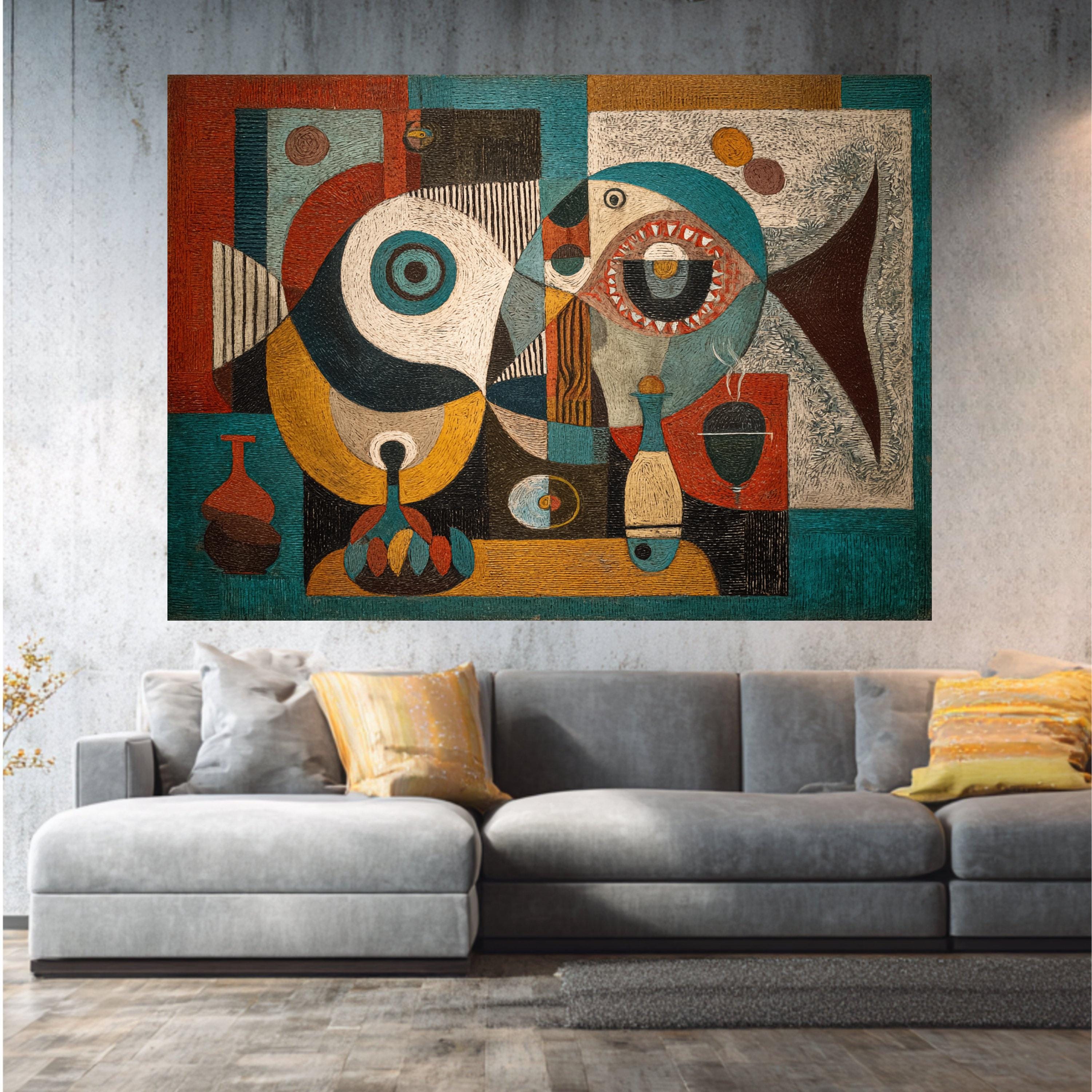 Abstract Cubist Canvas Painting, Picasso Miro Style Geometric Figures ...