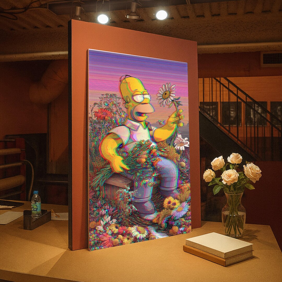 Vibrant Homer Simpson Floral Canvas, Pop Art Wall Decor, Colorful ...