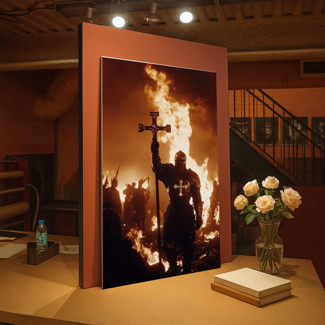Medieval Crusader Knight With Cross, Fire Background Canvas Wall Art ...