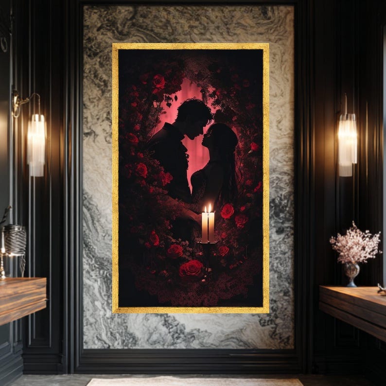 Romantic Couple Silhouette Canvas, Red Roses Candlelight Wall Art ...