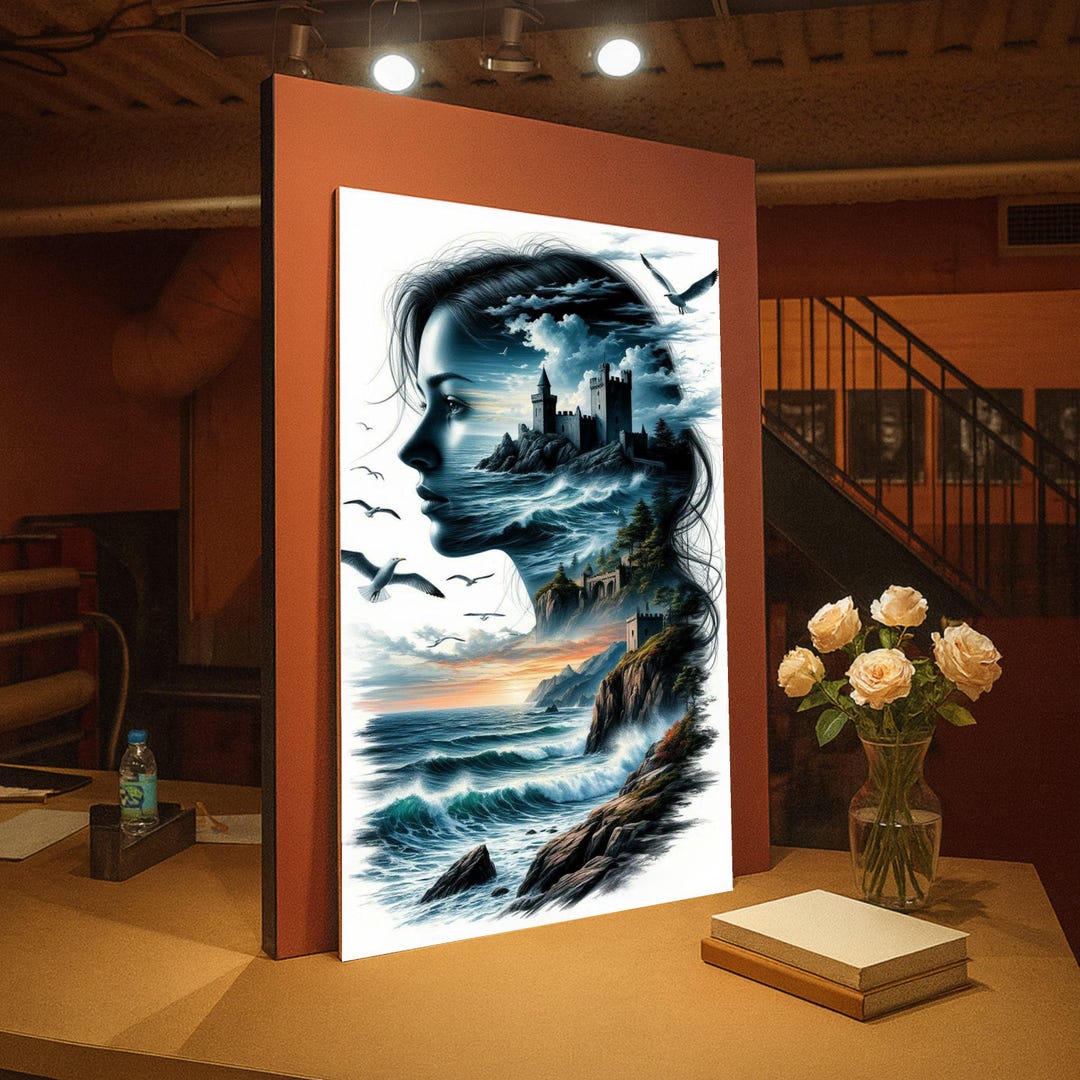 Surreal Profile Landscape Canvas, Woman Silhouette Art, Ocean Waves ...