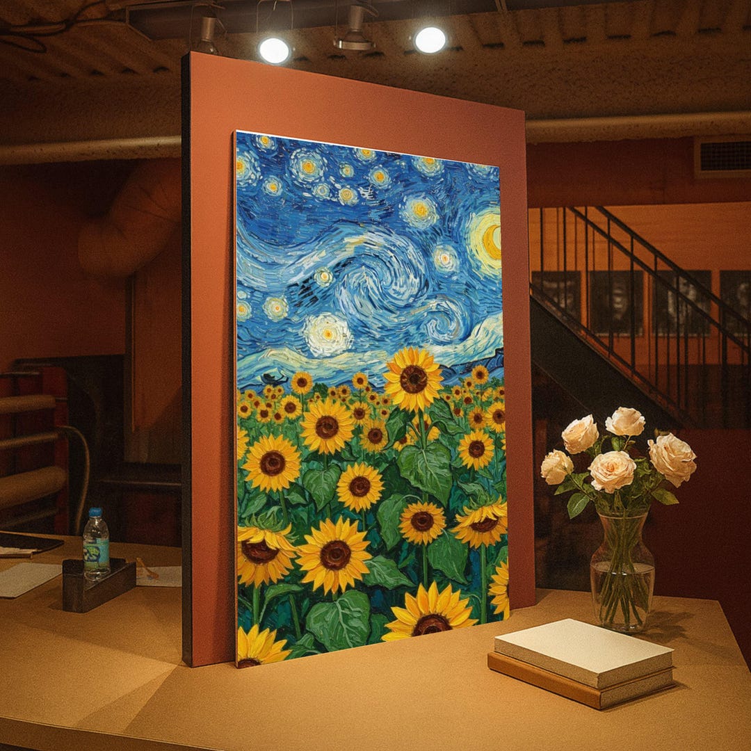 Van Gogh Starry Night Sunflowers Fusion Canvas Painting, Floral Starry ...