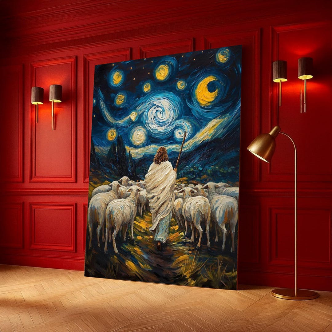 Shepherd With Sheep Under Starry Night Canvas, Spiritual Wall Art ...