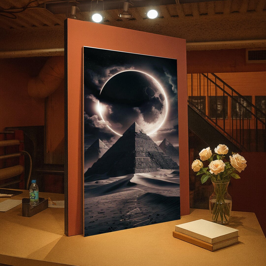 Mystical Pyramid Nightscape Canvas, Eclipse Moon Art, Ancient Egypt ...