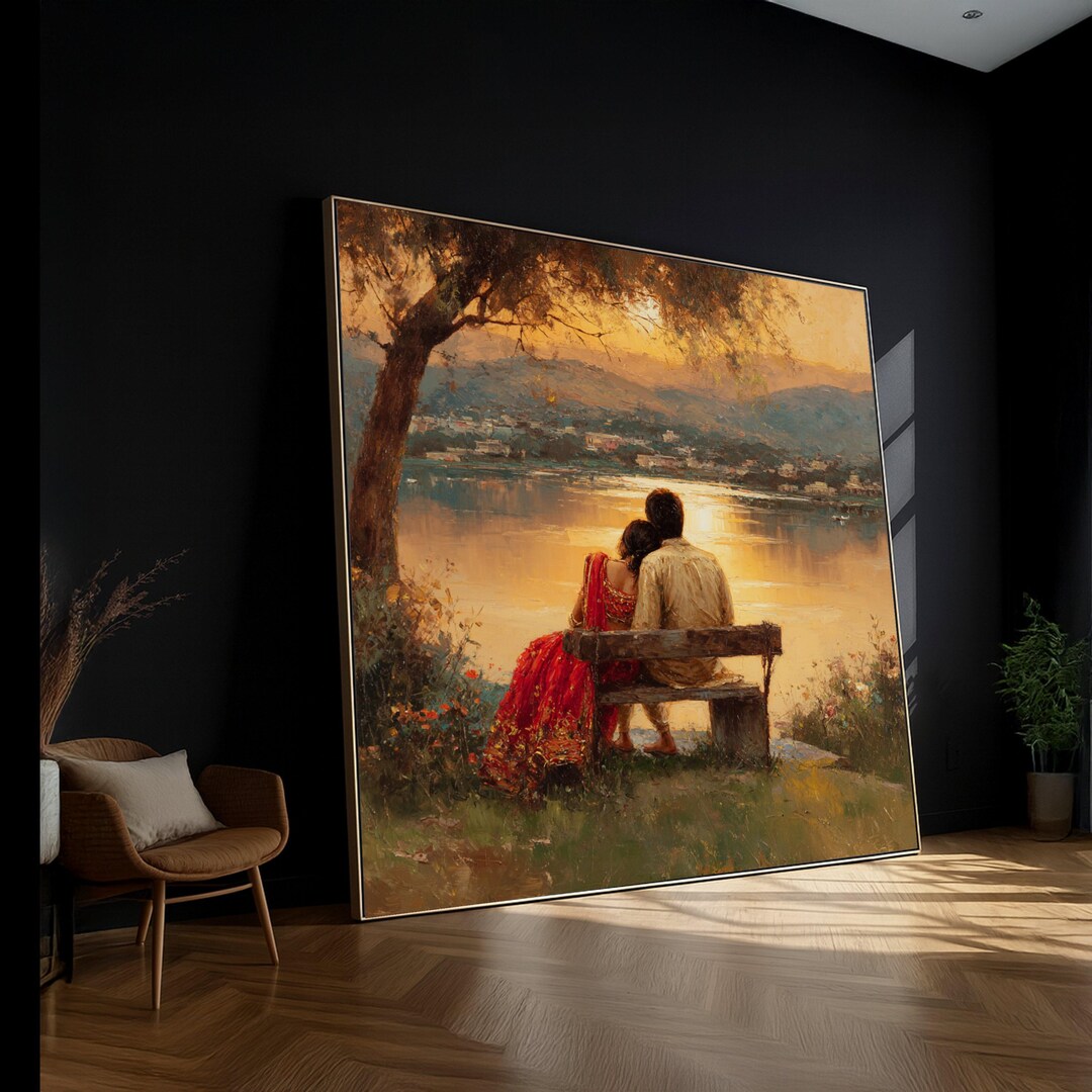 Romantic Couple Sitting on Bench, Serene Lake Sunset Canvas, Warm Glow ...