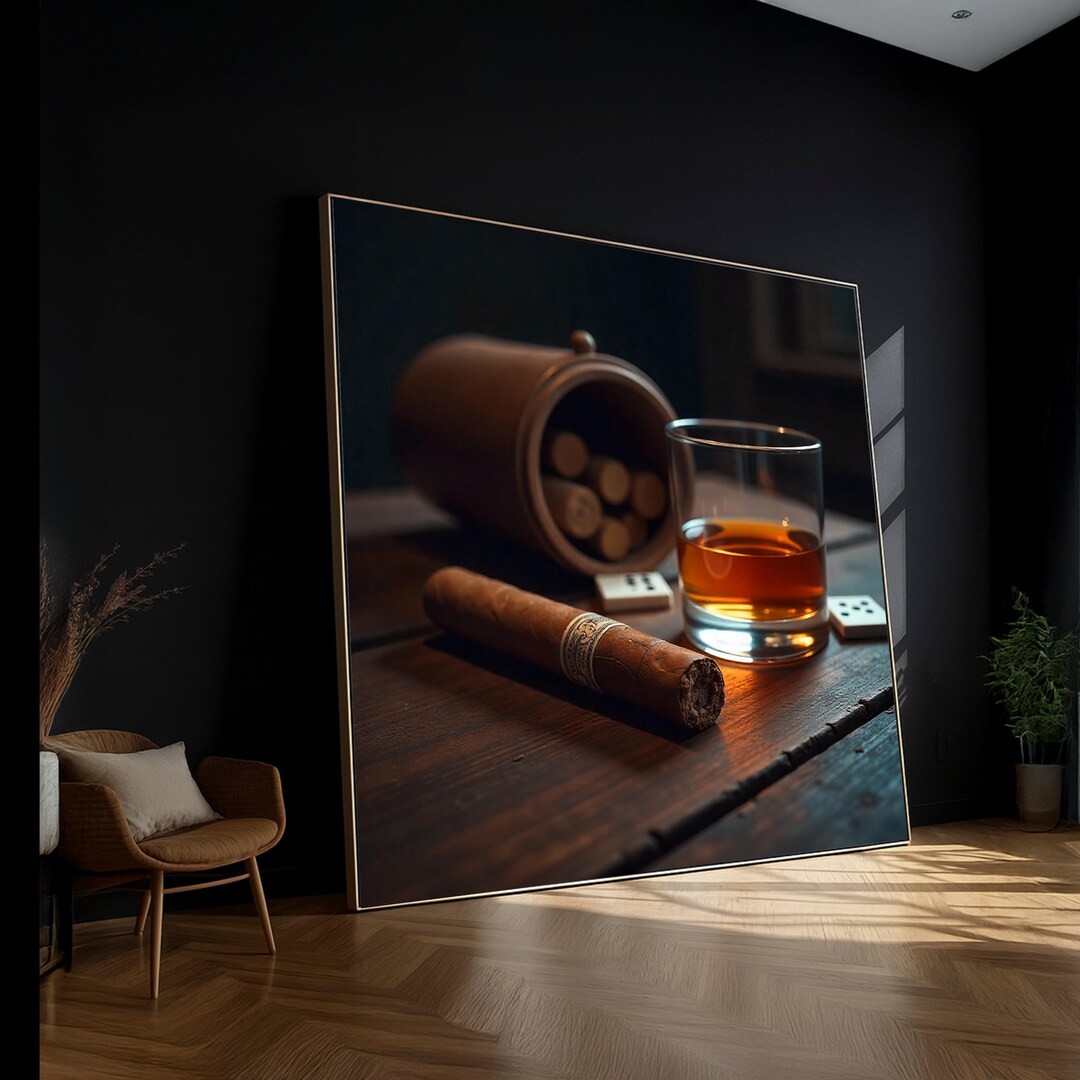 Rustic Whiskey and Cigar Still Life Canvas, Vintage Drink and Smoke ...