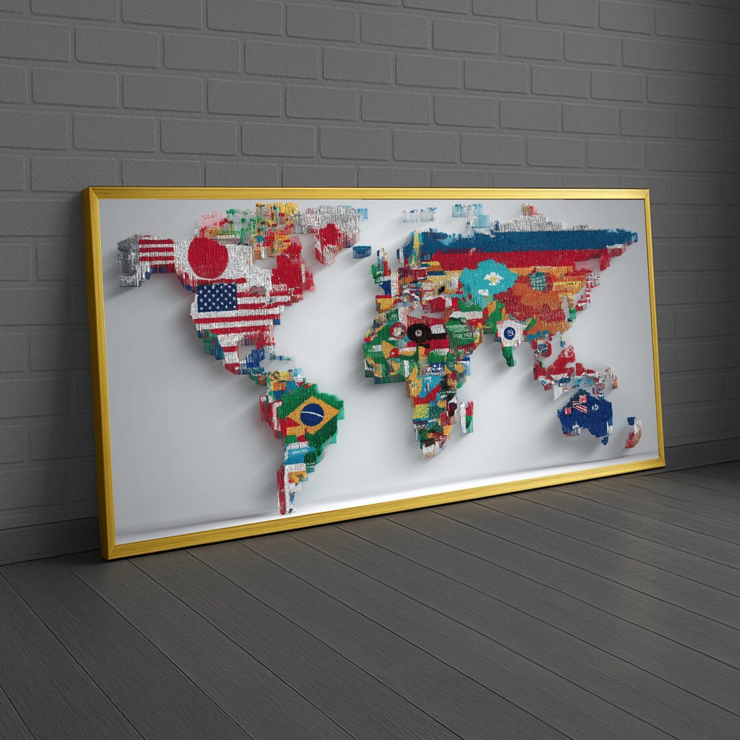 World Map Canvas Wall Art, Country Flags Design, Global Geography Decor ...