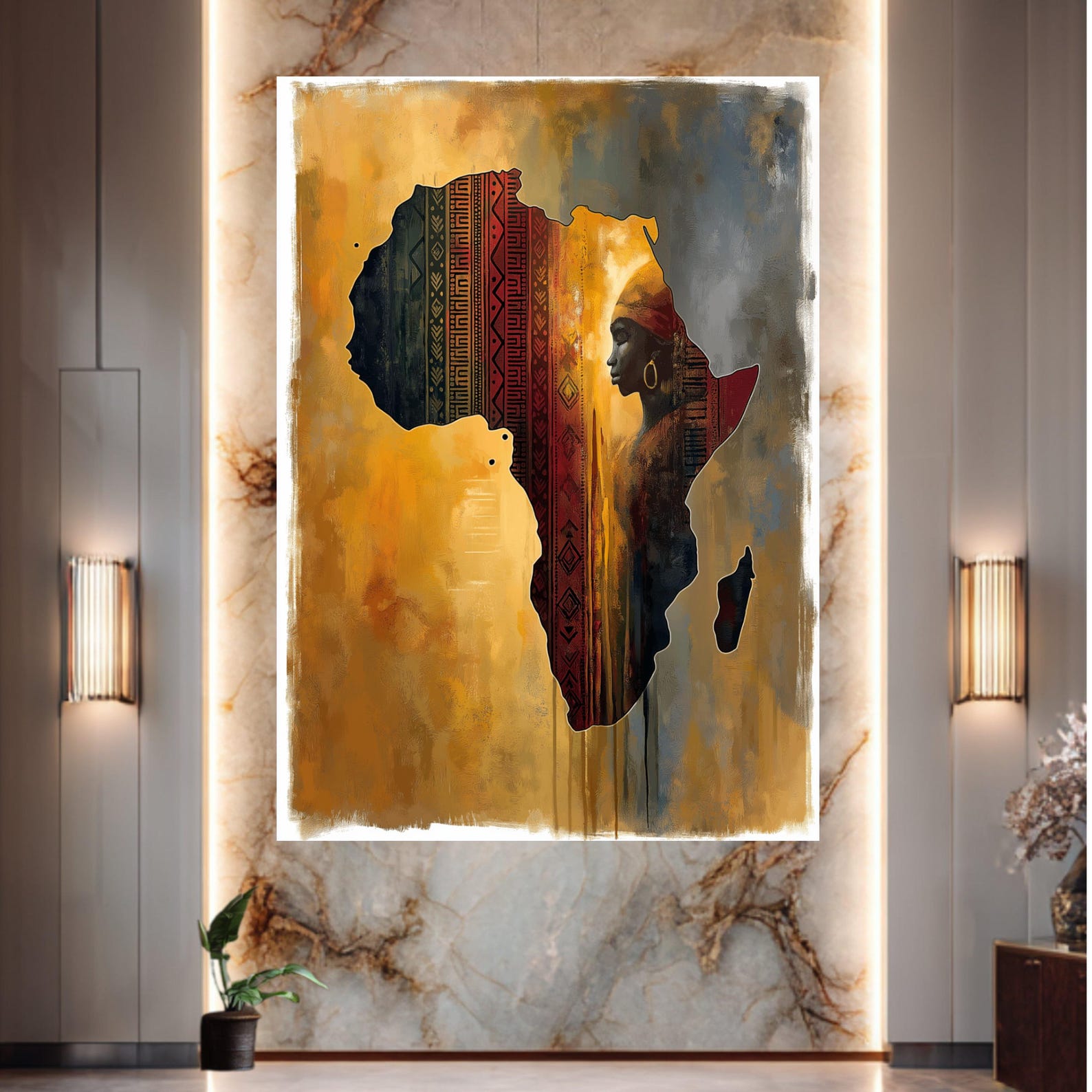 African Continent Silhouette Canvas, Tribal Pattern Wall Art, African ...