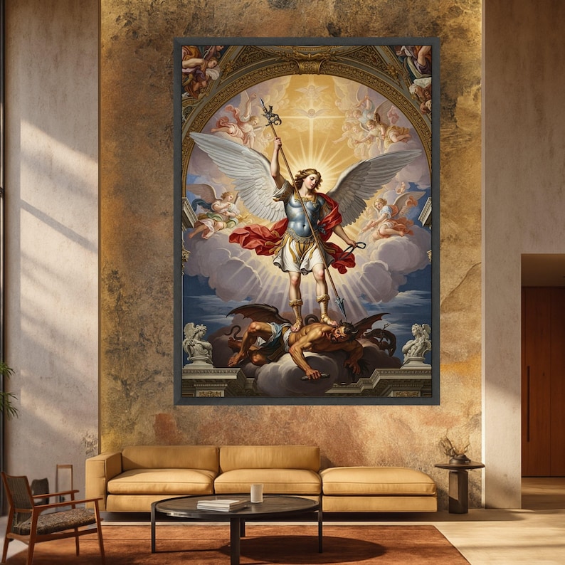 Archangel Michael Defeating Satan Canvas Wall Art, Religious Spiritual ...
