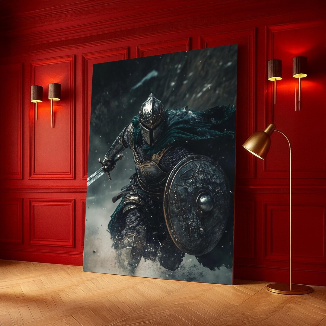Medieval Knight in Battle Armor Canvas, Warrior Shield and Sword Wall ...