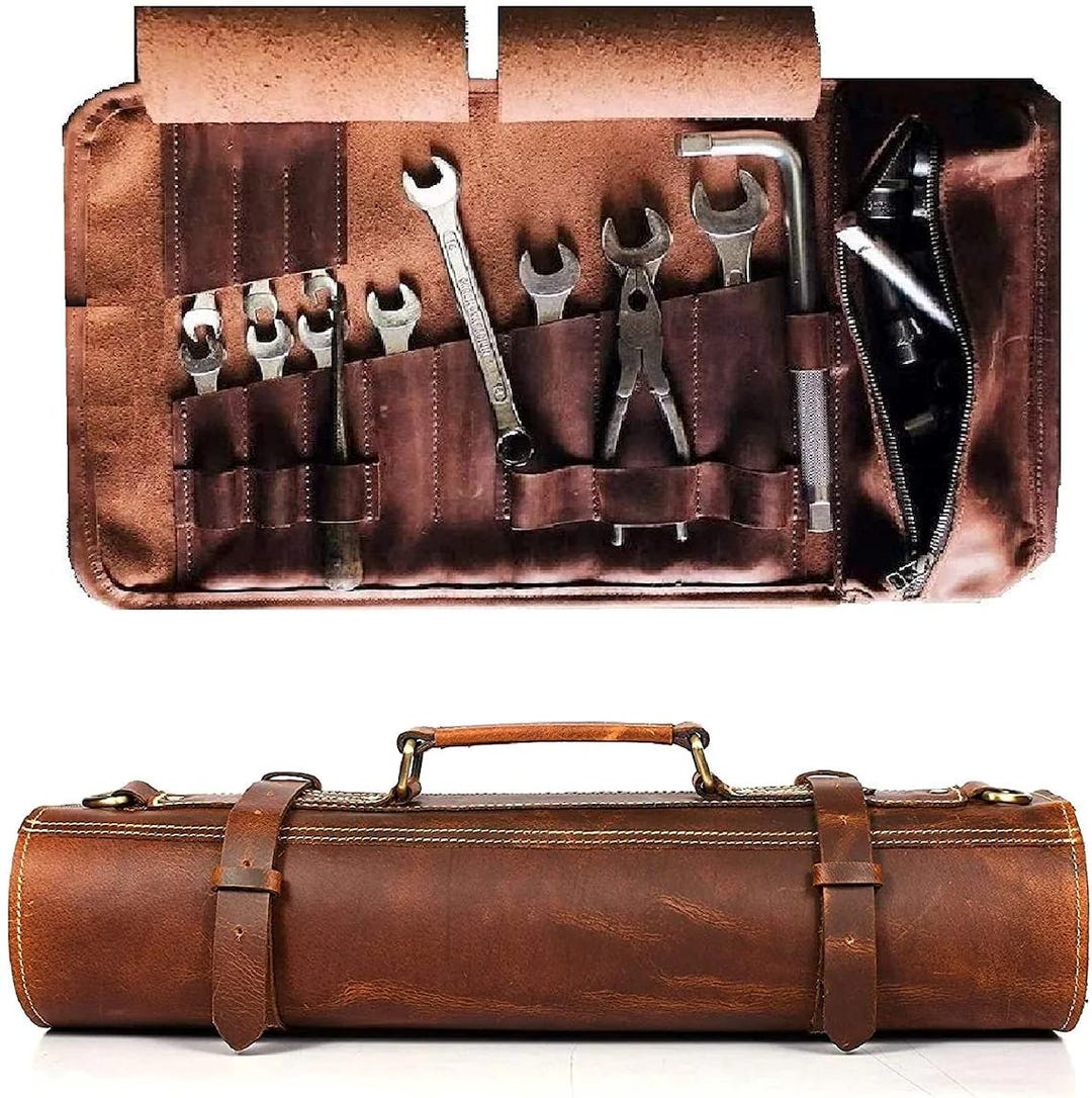 Custom Leather Tool Roll up Bag: 17-piece Motorcycle Wrench Organizer ...