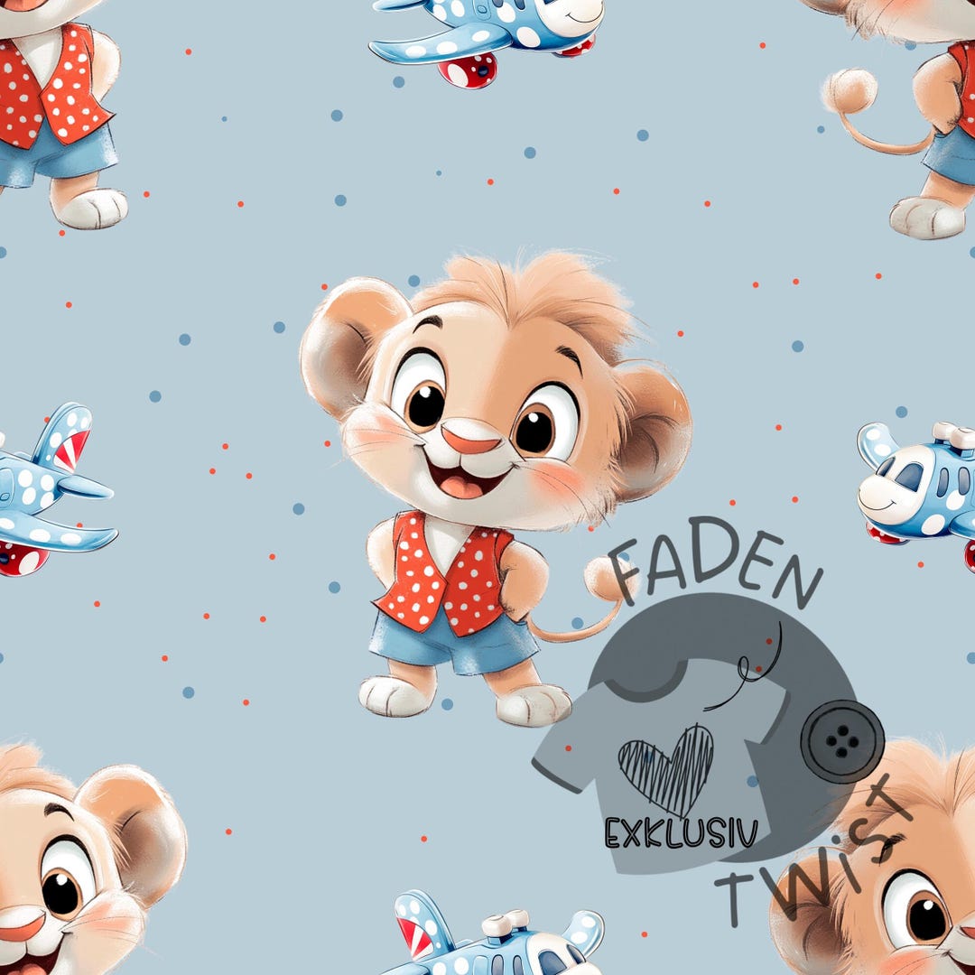 Fabric by the Meter - Cute Lion Cub With Toy Airplane, Soft Blue Tones ...