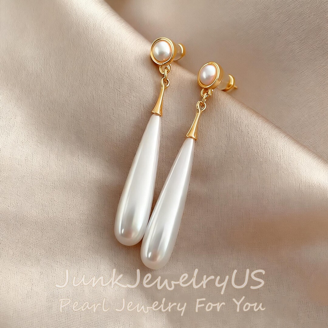 Classic Teardrop Long Pearl Drop Earrings, Vintage Dangle Earrings ...
