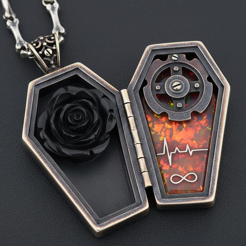 Steampunk Coffin Locket Necklace: Black Rose, Opal Resin, Gothic ...