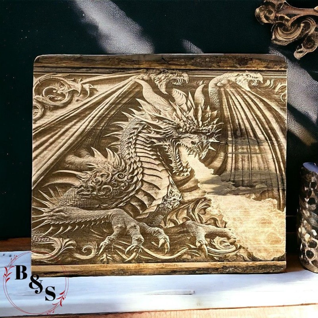 Dragons Flame Dragon Breathing Fire Engraved on Live Edge Wood - Etsy