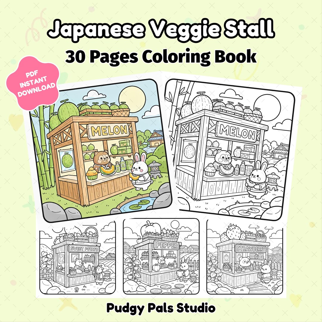 30 Japanese Veggie Stall Coloring Pages | Kawaii Market Coloring Set ...