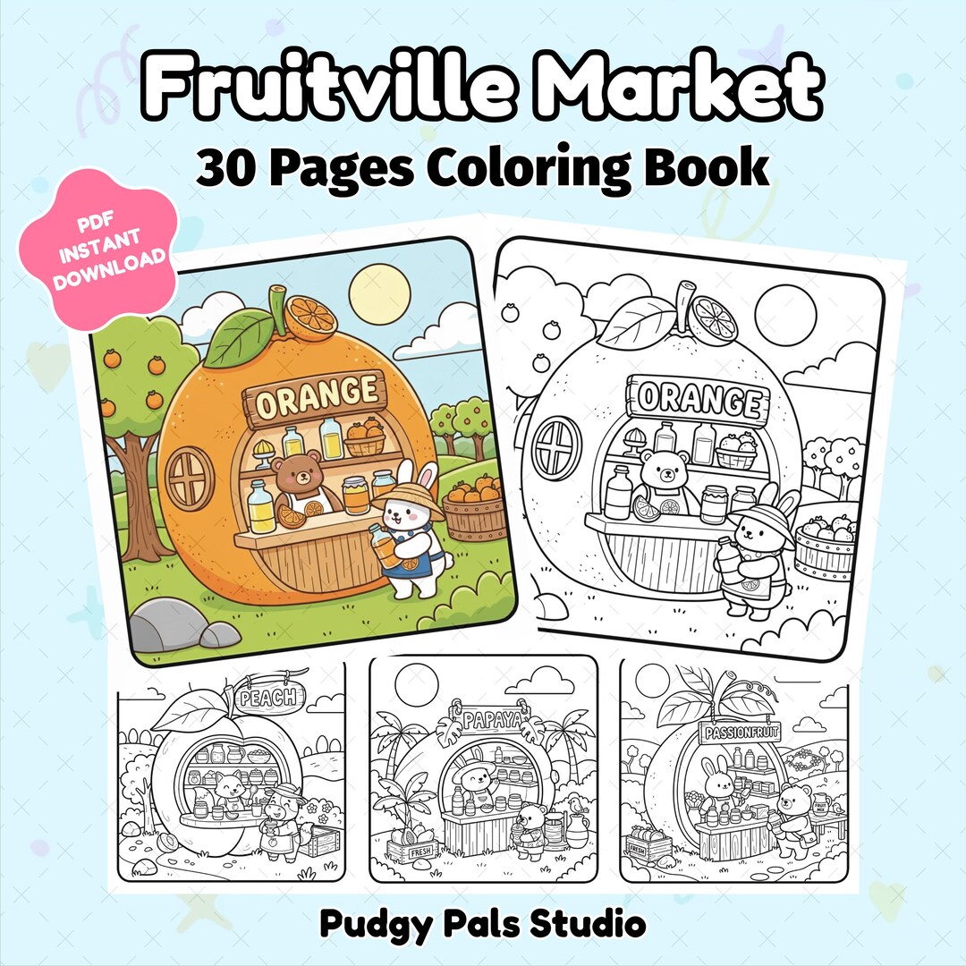 30 Fruit Market Coloring Pages | Kawaii Animal Vendor Coloring Set (PDF ...