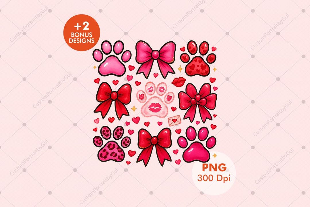 Valentine Dog Paw Clipart PNG | Pink & Red Paw Prints With Bows, Hearts ...