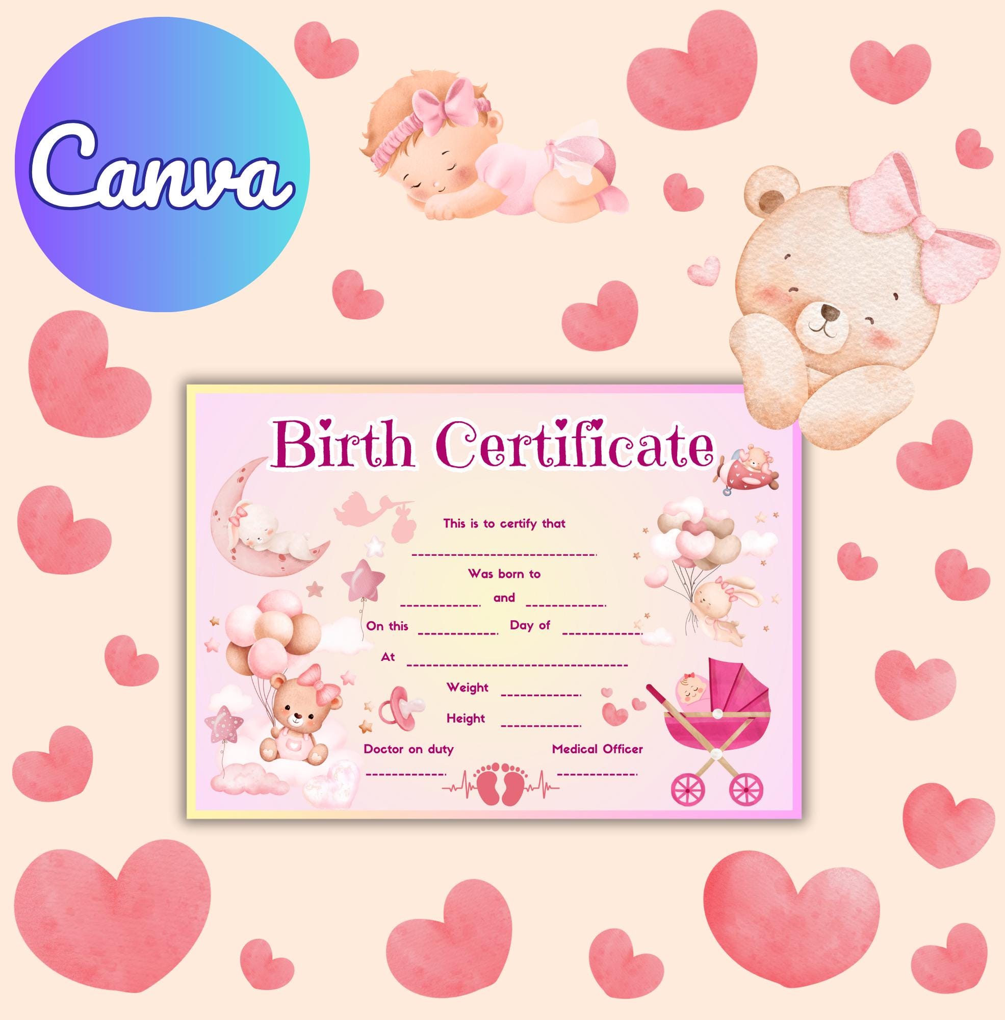 Watercolor Baby Birth Certificate Template: Editable Canva Design ...