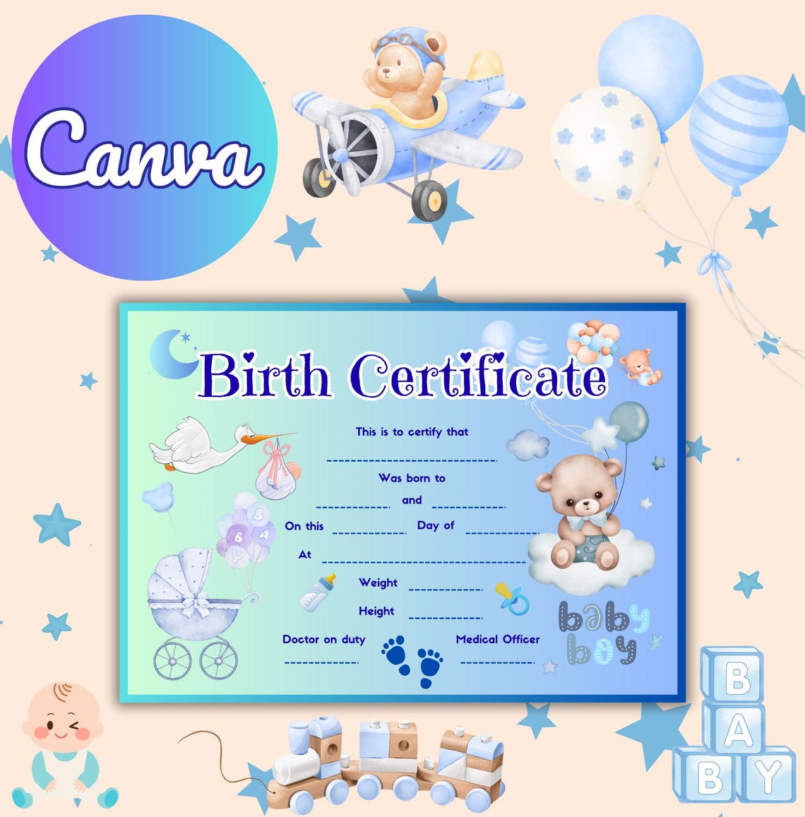Watercolor Baby Birth Certificate Template: Editable Canva Design ...