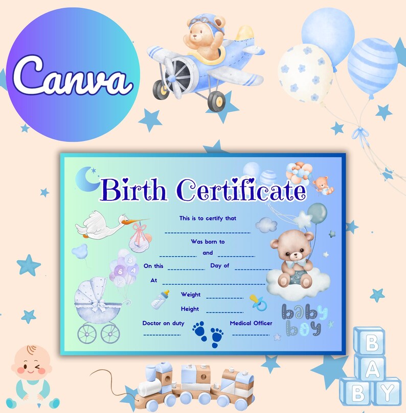 Watercolor Baby Birth Certificate Template: Editable Canva Design ...