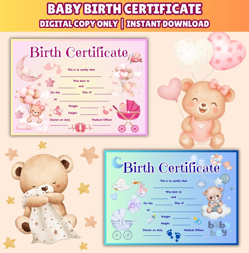 Watercolor Baby Birth Certificate Template: Editable Canva Design ...