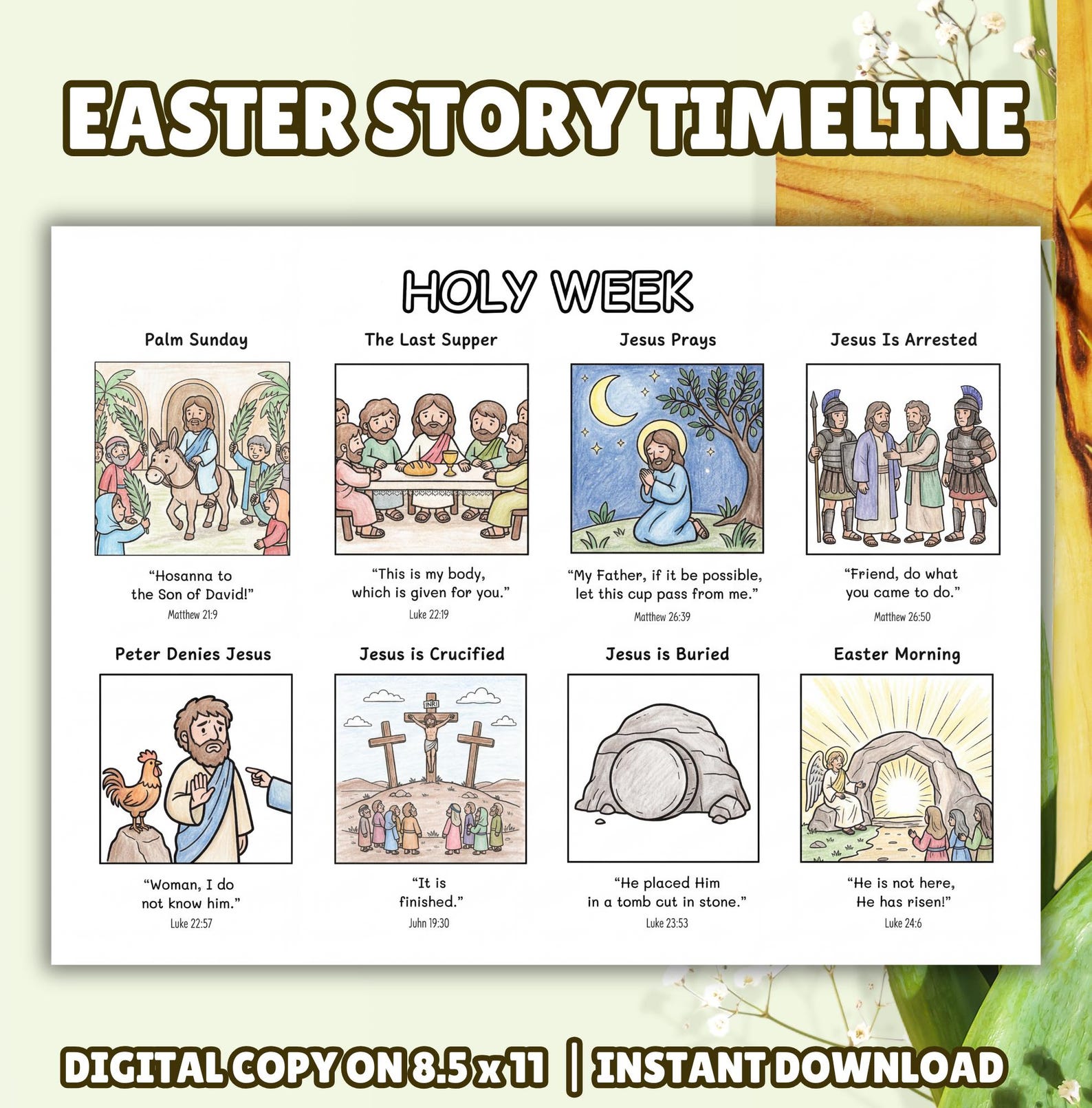 Easter Story Coloring Page Printable, Holy Week Timeline, Lent Sunday ...