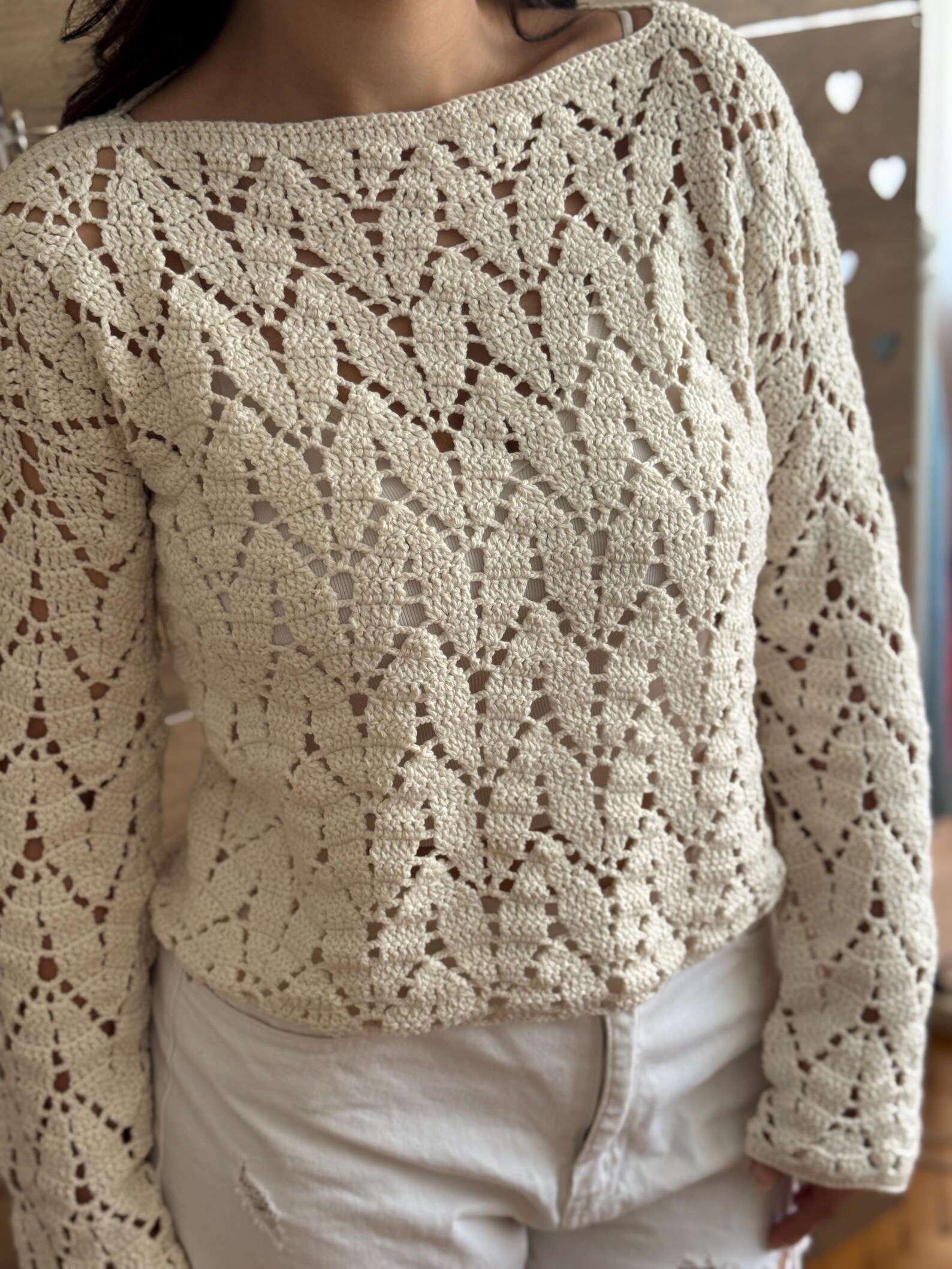 Chic Crochet Style: Artisan Beige Lace Sweater for Women - Etsy