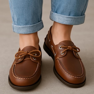 Men’s Brown Leather Boat Shoes Slip on Moccasin Style Casual Loafers ...