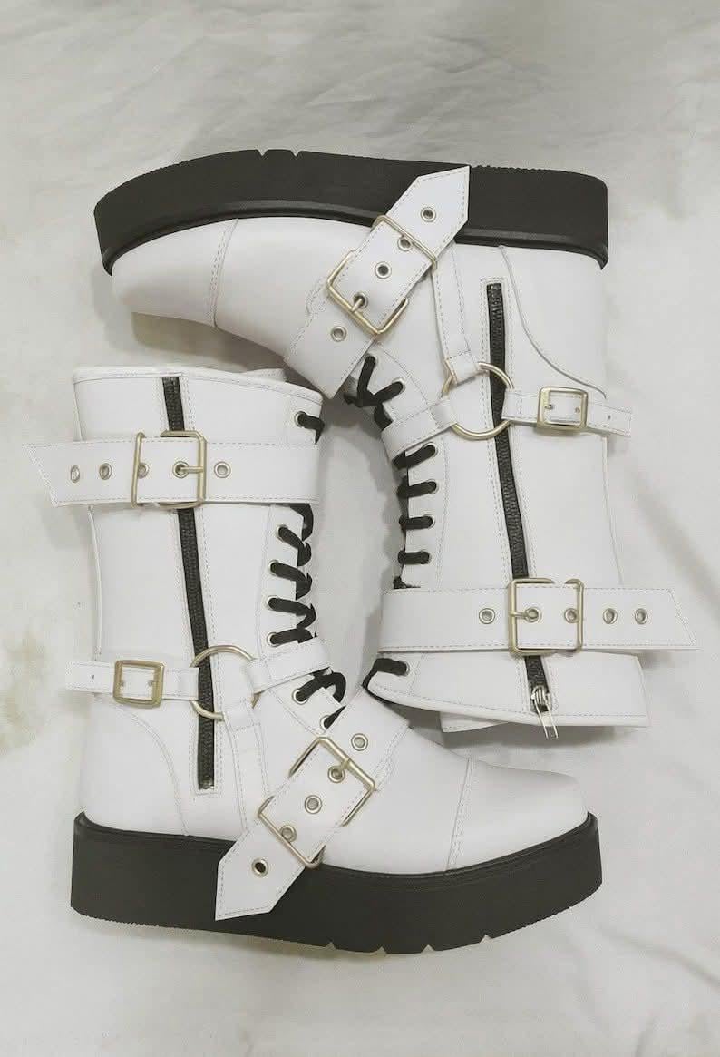Handmade White Leather Gothic Platform Boots for Men – Punk Buckle ...