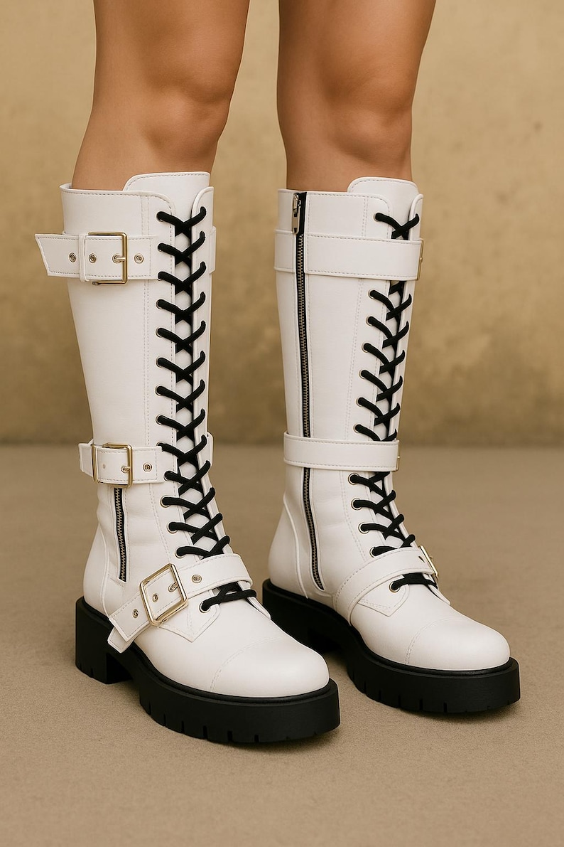 Handmade White Leather Gothic Platform Boots for Men – Punk Buckle ...