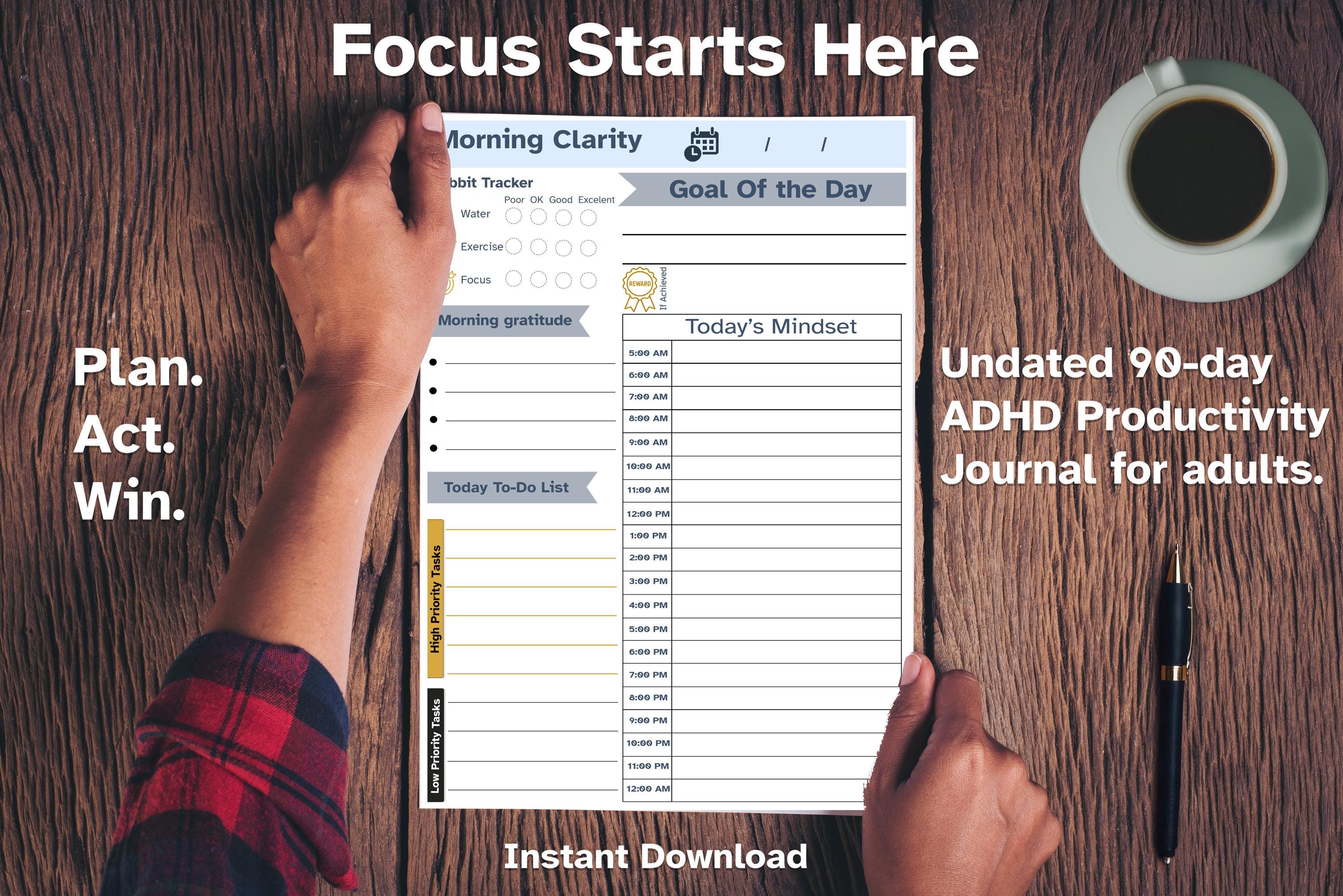 ADHD Journal & Digital Planner | Printable Focus Tracker, Undated Daily ...