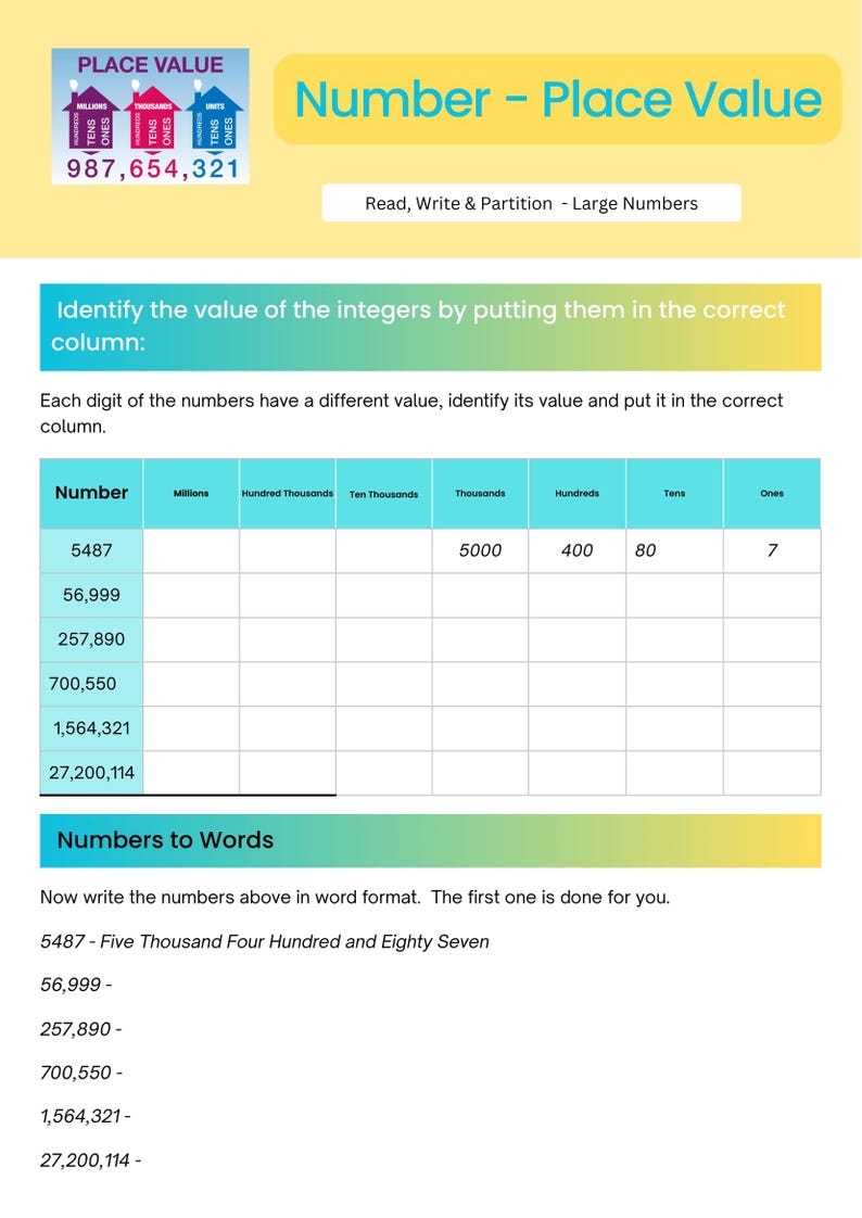 Place Value - Read Write and Partition Large Numbers - Etsy