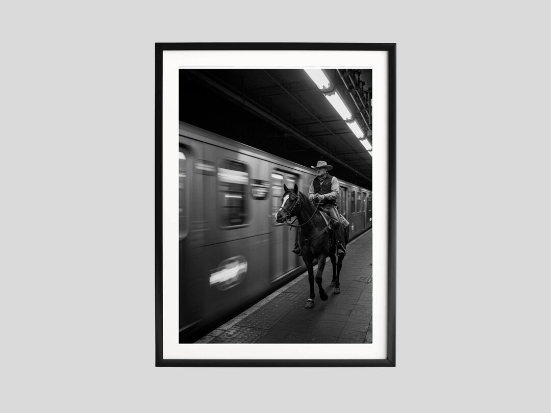Cowboy Subway Horse Print, Black and White Wall Art, Surreal ...