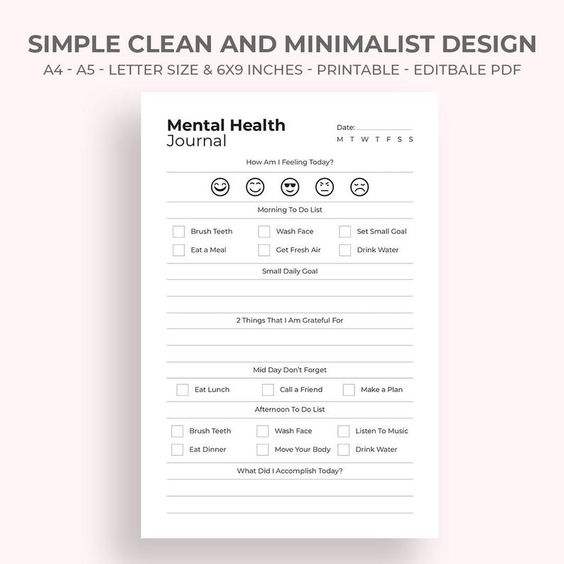 Printable Mental Health Journal | Self-care Planner (PDF Download A4/a5 ...