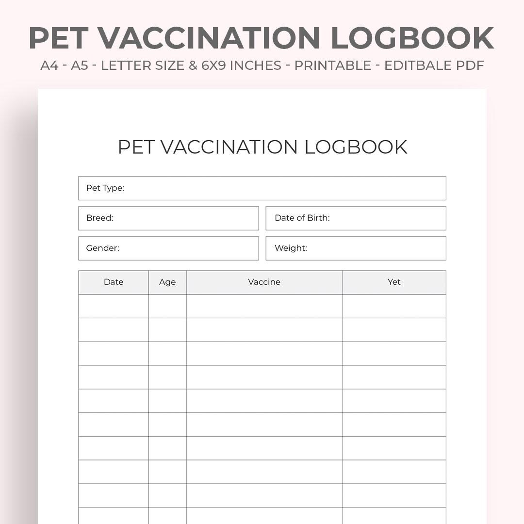 Pet Vaccination Logbook: Planner & Record (PDF Download A4/letter/6x9 ...