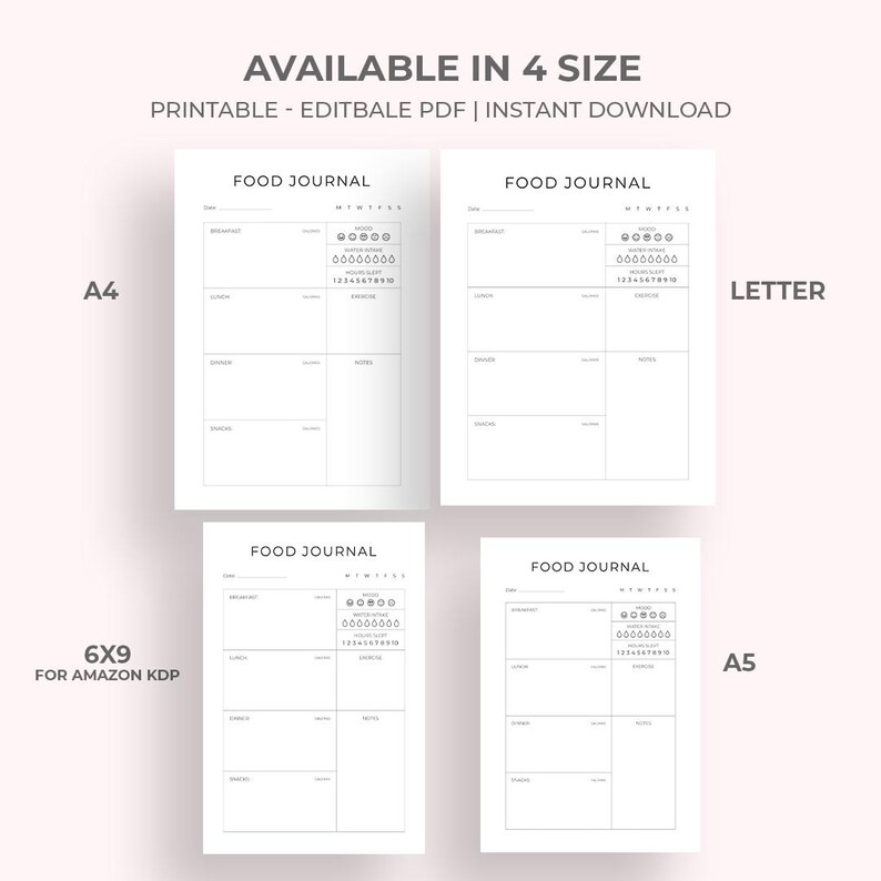 Daily Food Journal Printable | Calorie Tracker, Diet Diary (PDF A4 ...
