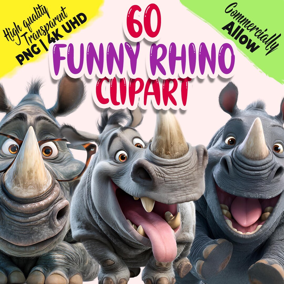 Funny Rhino Clipart PNG Bundle – Cute Cartoon Rhinoceros, Kawaii Animal ...