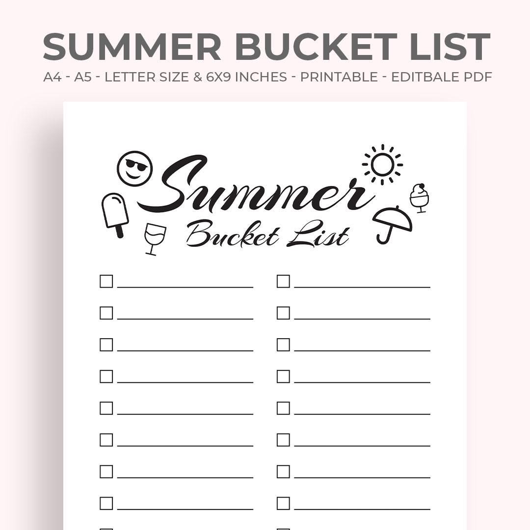 Summer Bucket List Printable | Activities Checklist, Editable PDF - Etsy