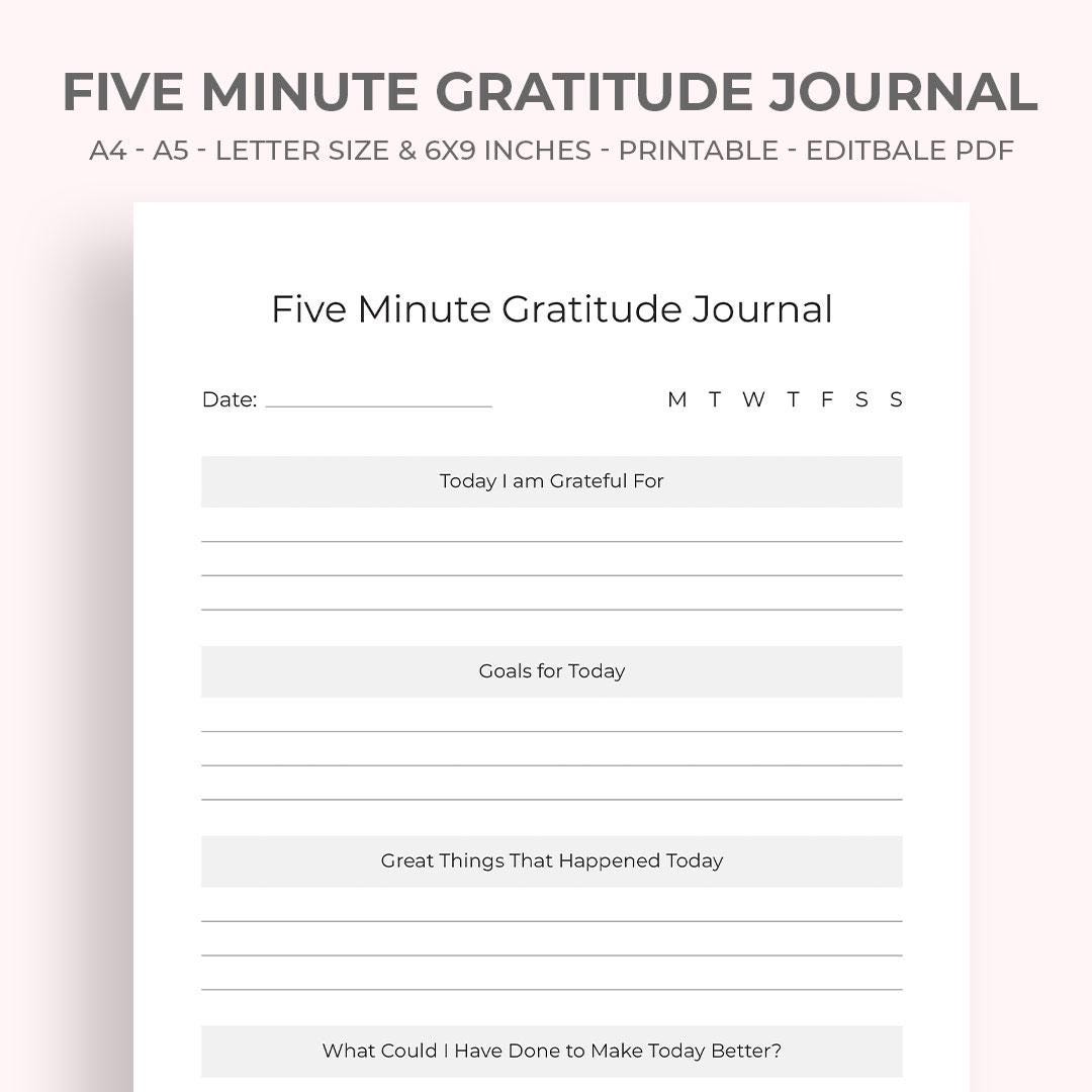 Five Minute Gratitude Journal | Printable Journal | Gratitude Notebook ...