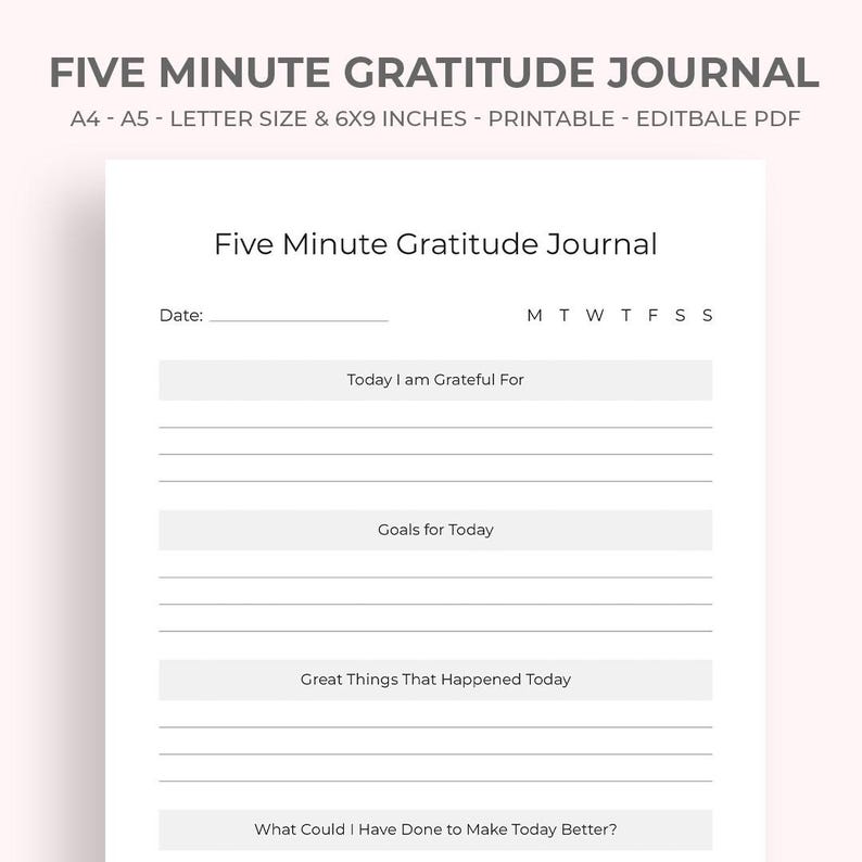 Five Minute Gratitude Journal | Printable Journal | Gratitude Notebook ...