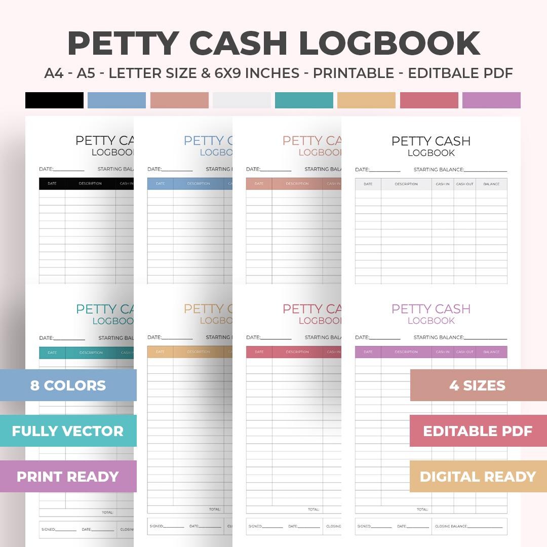 Petty Cash Logbook Printable: Business Ledger (A4, Letter, 6x9, A5 PDF ...