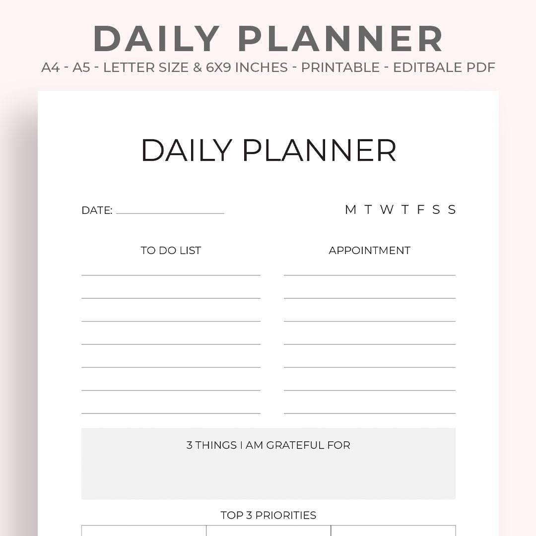 Daily Planner Printable: A4, Letter, 6x9, A5 Sizes (PDF Download) - Etsy