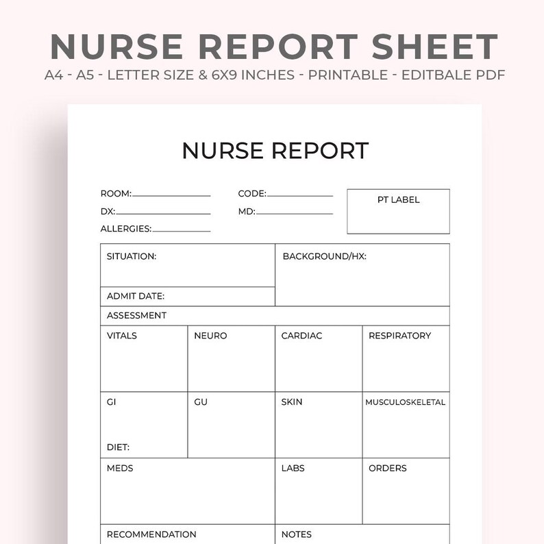 Nurse Report Sheet Printable, Patient Care Planner (A4, A5, Letter, 6x9 ...