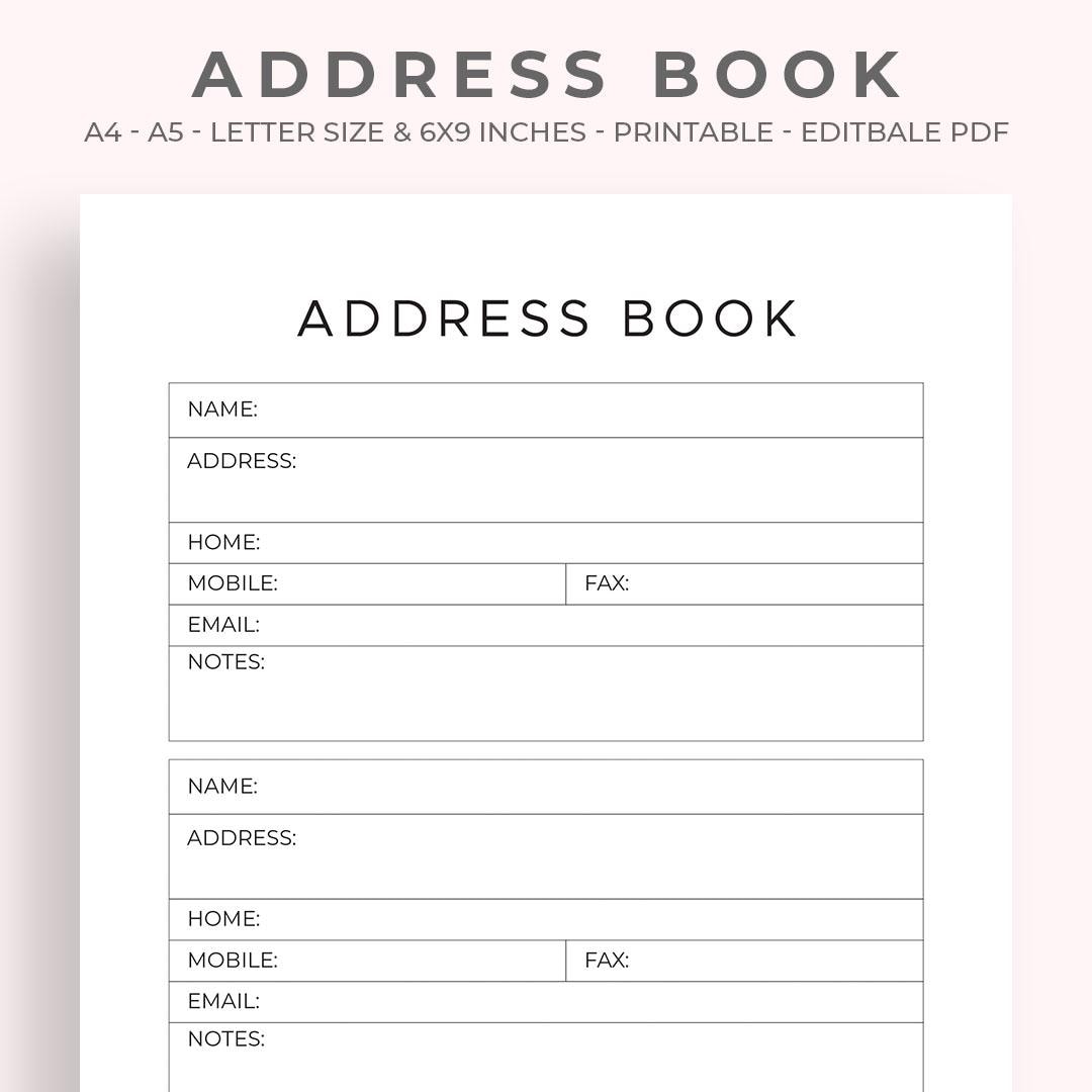 Printable Address Book: Editable Contact List (PDF Download A4/letter ...