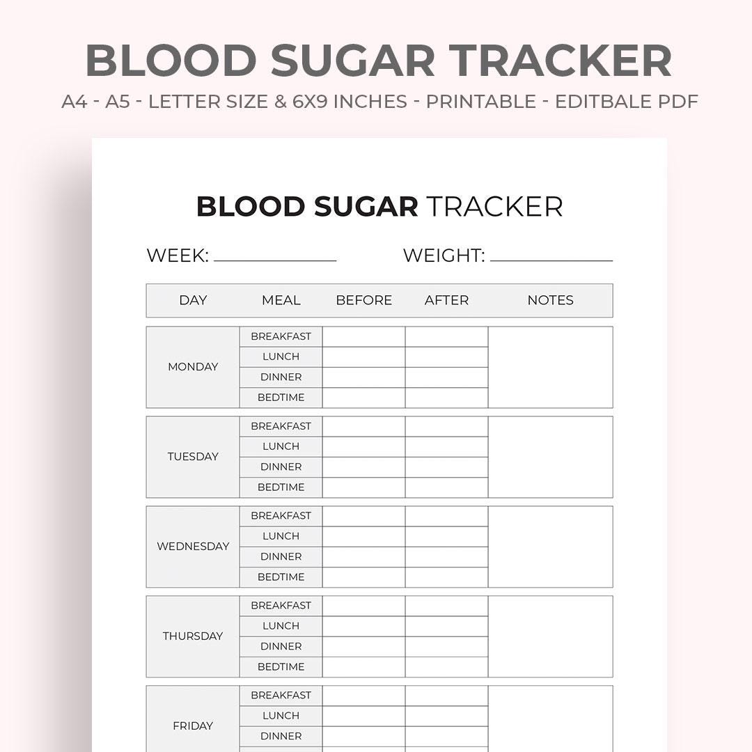 Blood Sugar Tracker Printable | Blood Glucose Log | Diabetes & Insulin ...