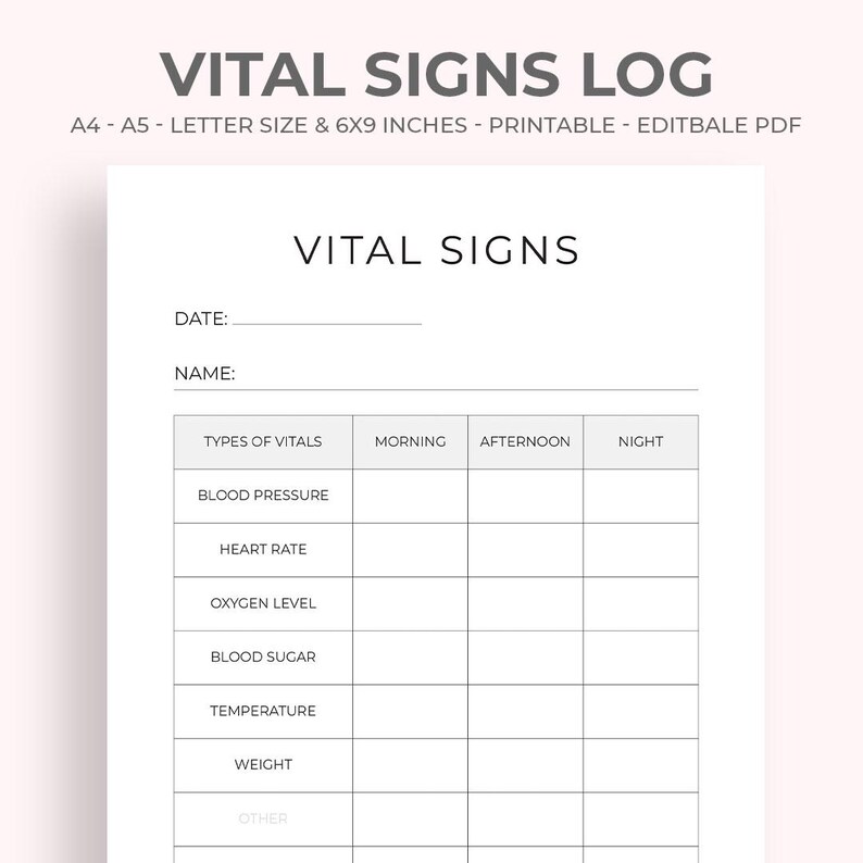 Printable Vital Signs Log | Nursing, Home Care (editable PDF) - Etsy