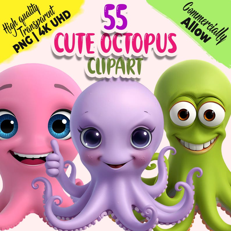 55 Cartoon Octopus Clipart PNG, Ocean Animal Graphics (digital Download ...