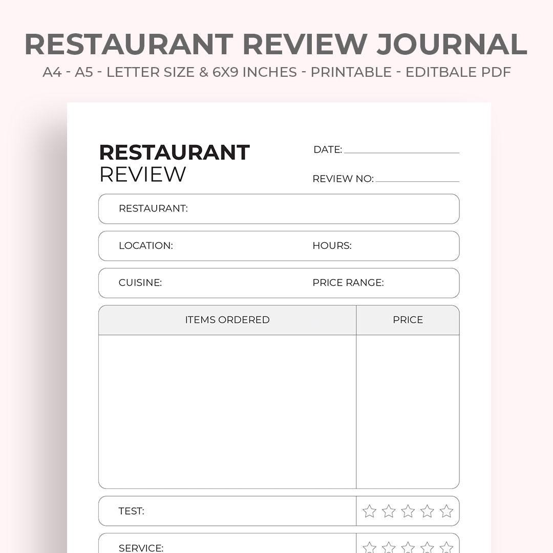 Restaurant Review Journal: Printable Food Log (PDF Download A4/letter ...